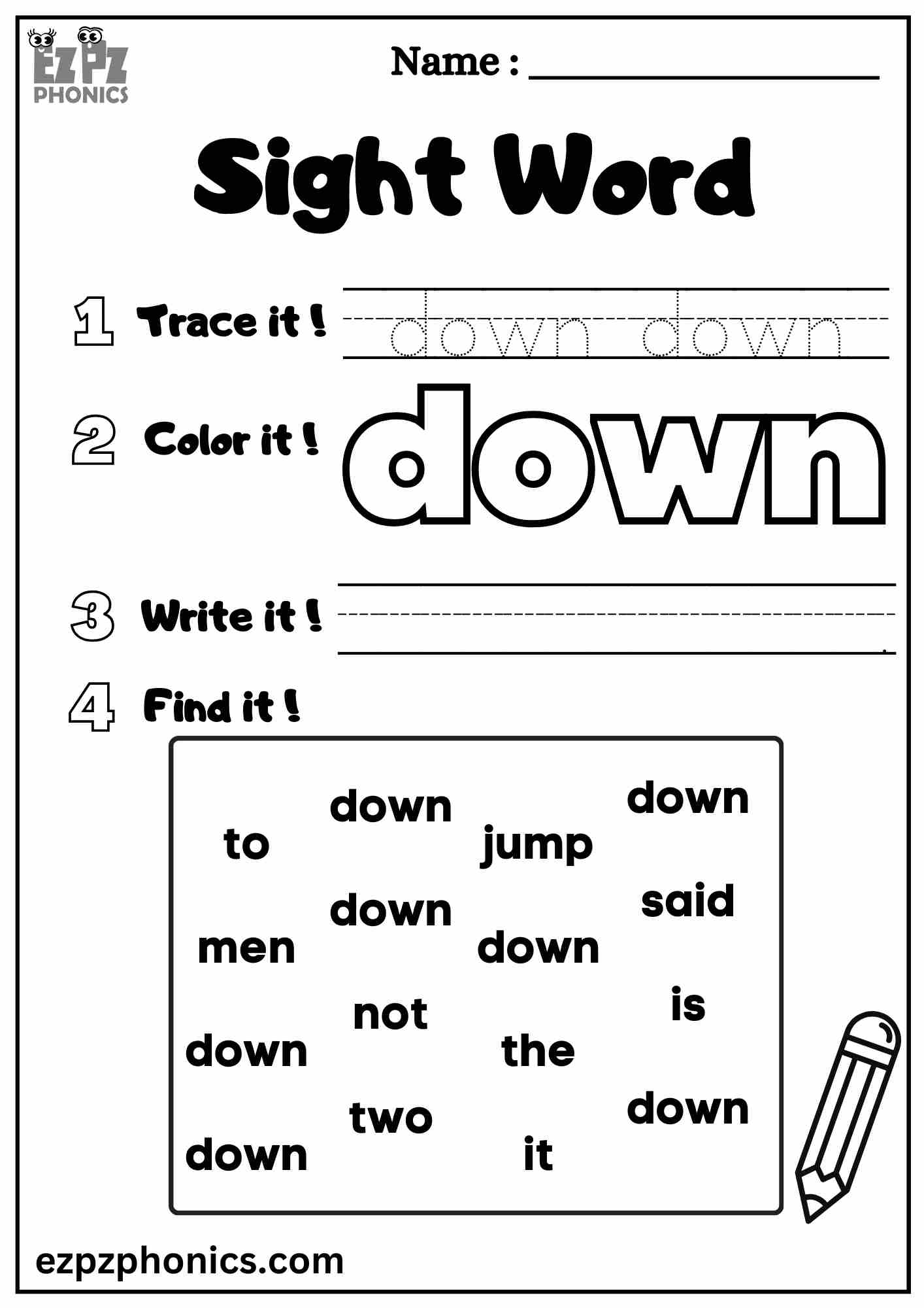 The Down Sight Word Worksheet for Pre-Kindergarten Students Dolch Sight Words Free PDF Download ...